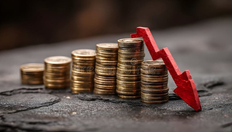 Red Down Arrow. Stack of Gold Coins, Steps Down Stock Photo - Image of ...