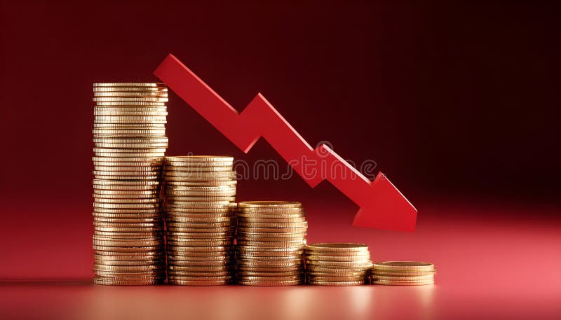 Red Down Arrow. Stack of Gold Coins, Steps Down Stock Image - Image of ...