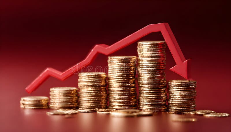 Red Down Arrow. Stack of Gold Coins, Steps Down Stock Image - Image of ...