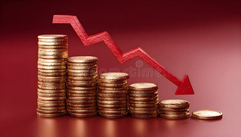 Red Down Arrow. Stack of Gold Coins, Steps Down Stock Photo - Image of ...
