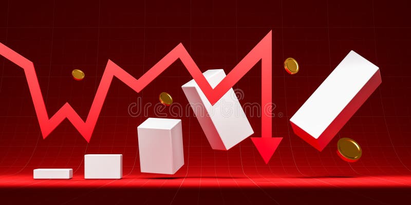 Red Downward Trend Graph with Falling Blocks and Coins. 3D Rendering ...