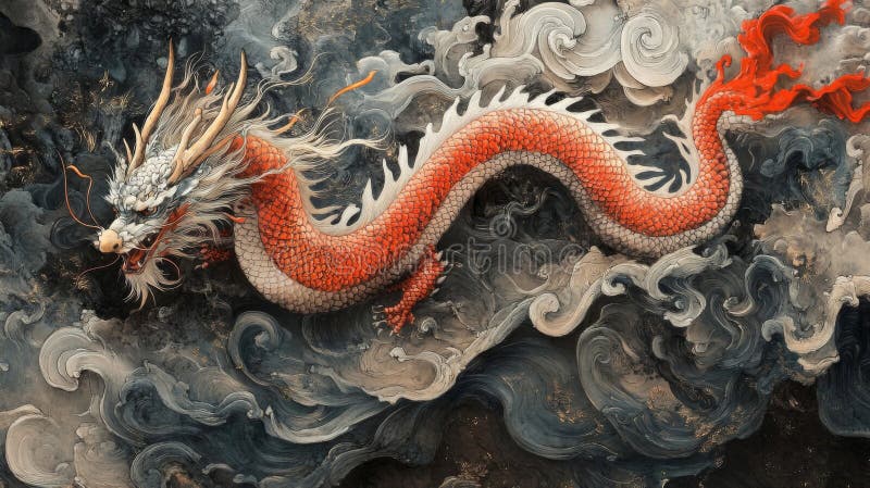 Red Dragon Amidst Gray Clouds Digital Art Stock Illustration ...