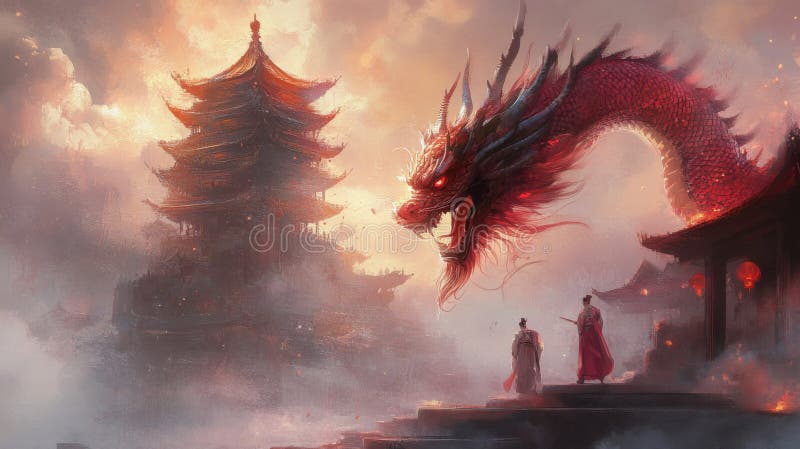 Red Dragon and Ancient Temple at Sunrise Stock Illustration ...