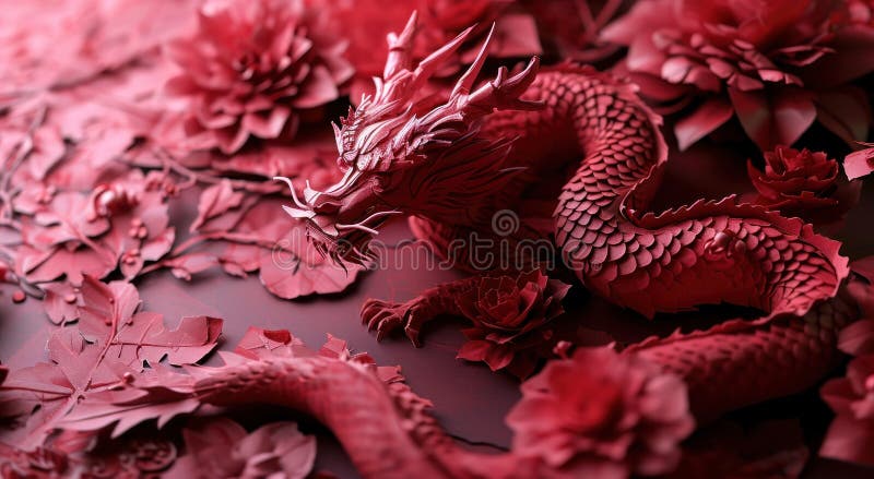 A Red Dragon Art Print is on the Background of a Red Patterned Red ...