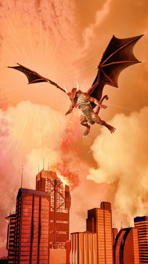 Red Dragon Attacking Modern City Illustration Stock Illustration ...