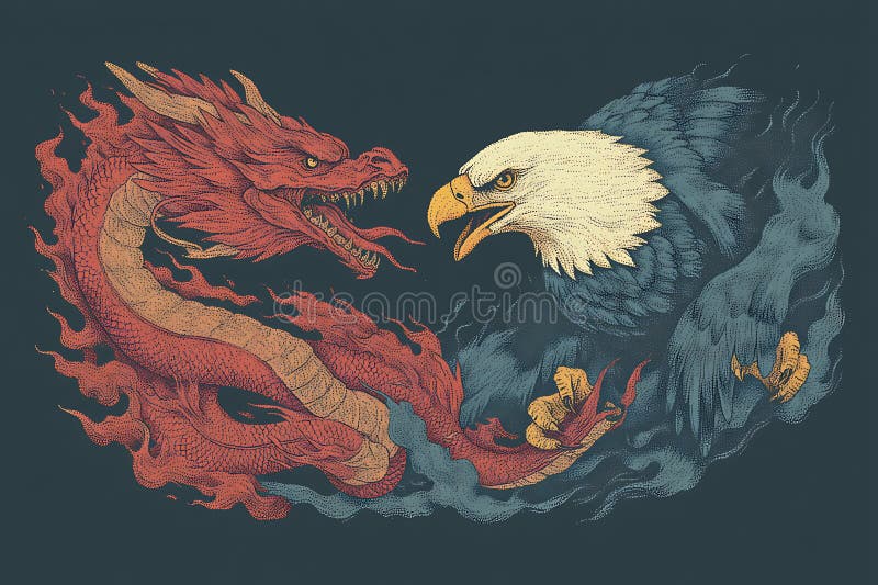 Red Dragon and Bald Eagle Facing Each Other in a Dynamic Illustration ...