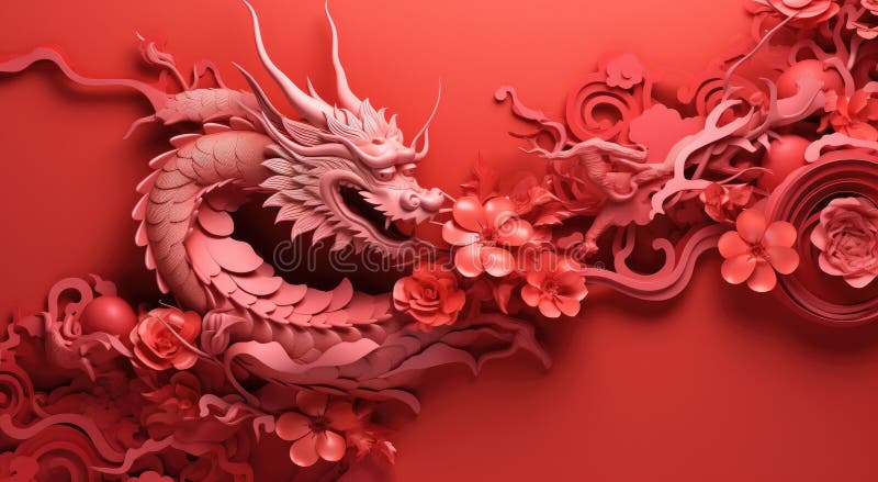 Red Dragon with Branches on Red Background with Abstract Background ...