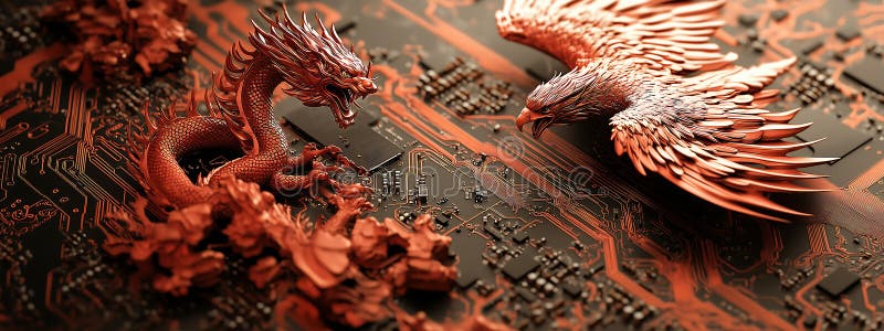 A Red Dragon and Eagle Clash Over a Circuit Board, Representing the ...