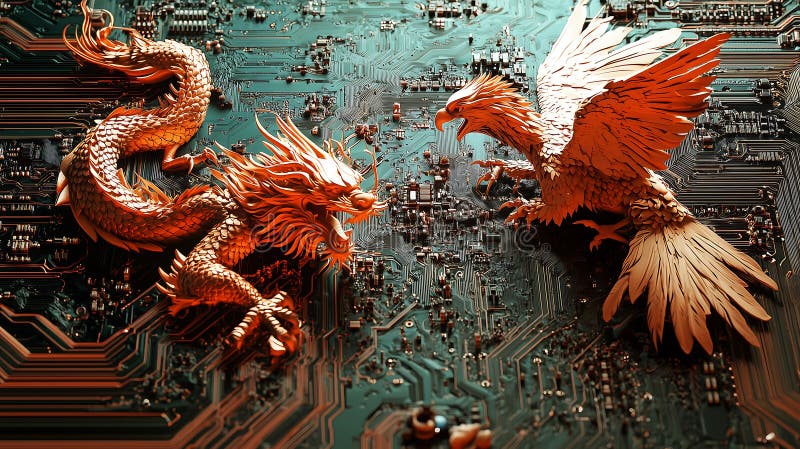A Red Dragon and Eagle Clash Over a Circuit Board, Representing the ...