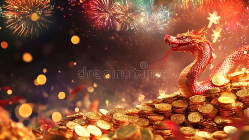 Red Dragon Emerging from a Pile of Gold Coins with Fireworks in the ...
