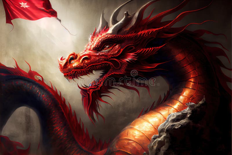 A Red Dragon with a Flag in the Background is Shown in this Painting of ...
