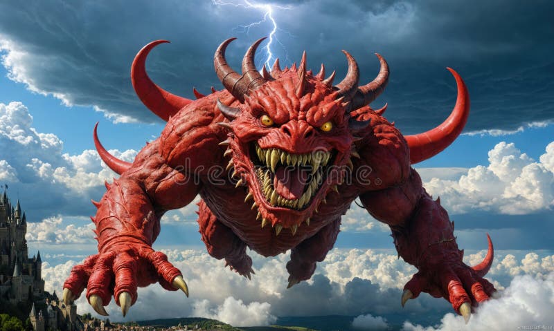 A Red Dragon Flies through the Clouds, Its Sharp Claws Extended Towards ...