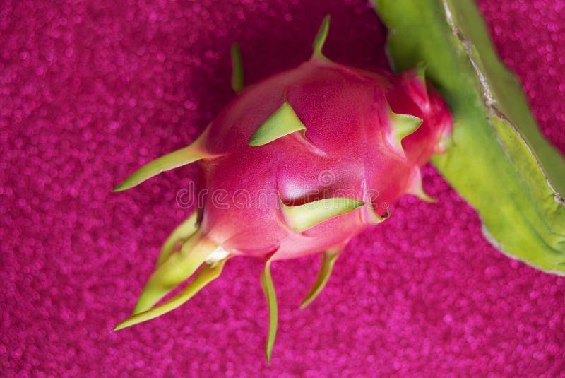 Red Dragon Fruit with Branche on Violet Shiny Creative Background Stock ...