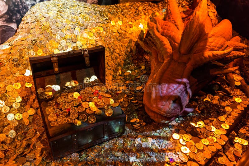 Red Dragon Hoarding Treasures Chests and Piles of Coins Stock Image ...