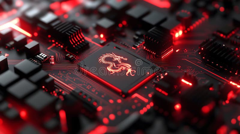 Red Dragon Microchip on Circuit Board Symbolizing China Semiconductor ...