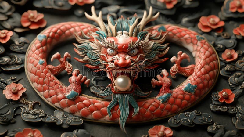 Red Dragon Sculpture with Pearl and Floral Design Stock Illustration ...