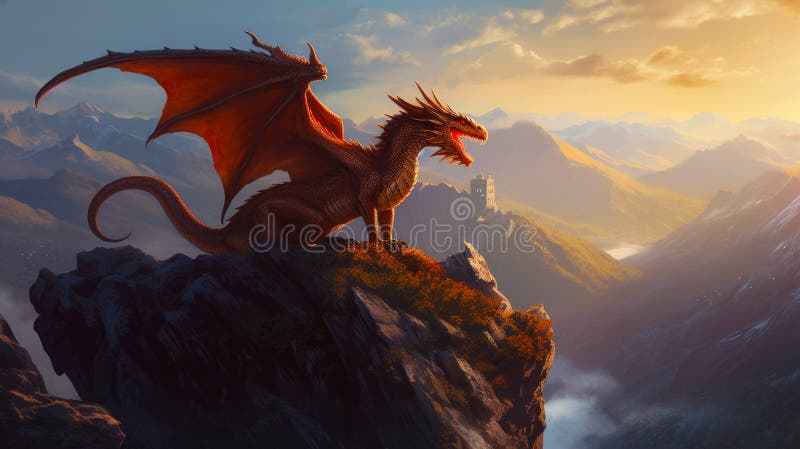 Red Dragon Sitting on Top of Mountain with Mountains in the Background ...