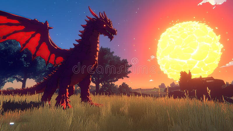 Red Dragon Stands Majestic in a Field at Sunset Stock Photo - Image of ...