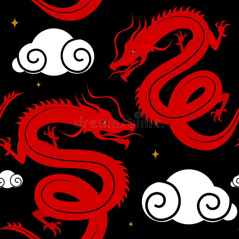 Red Dragons with Clouds in the Starry Sky. Seamless Vector Pattern ...
