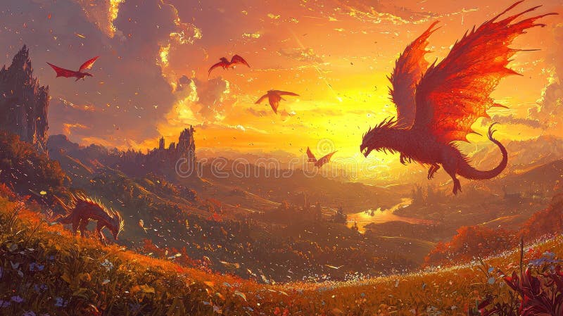 Red Dragons Fly Above a Landscape with a Crumbling Castle at Sunset ...