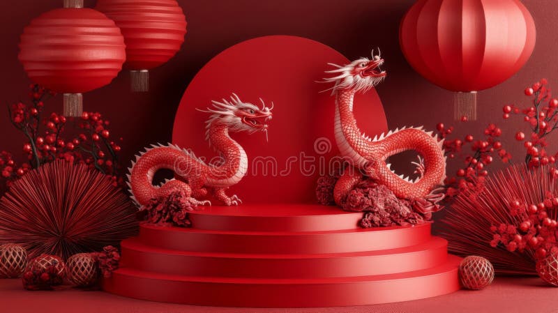 Red Dragons and Lanterns Festive Display Stock Illustration ...