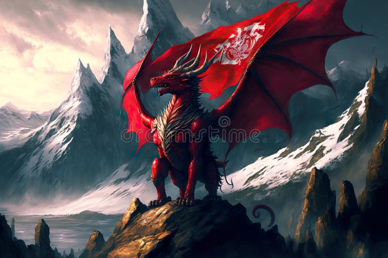 Red Dragons Standing on Rock Against Background of Snowy Mountains ...