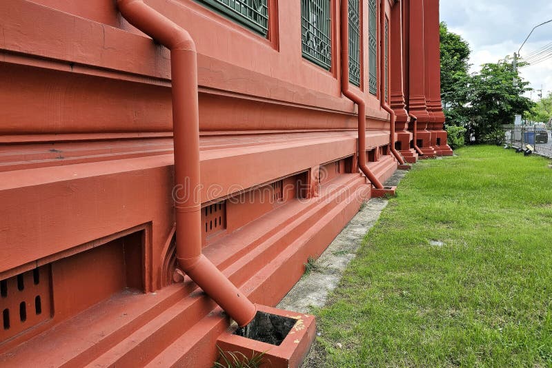 Red Drain Pipe at the Red Vintage Building. Stock Image - Image of ...