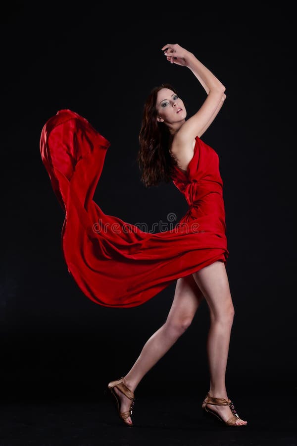 Beautiful Ballerina Dancing a Long Red Dress Flying Stock Photo - Image ...
