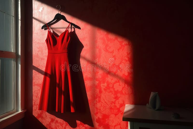 Red Dress on Hanger Casting Dramatic Shadow on the Wall Stock ...