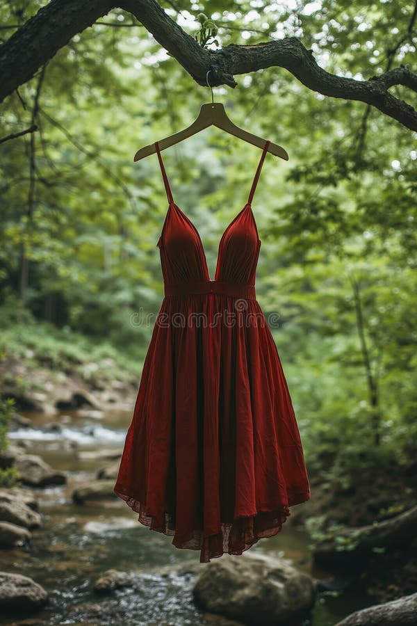 A Red Dress Hanging from a Tree in the Woods Stock Image - Image of ...