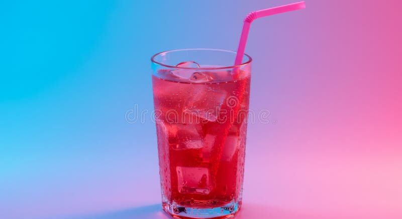 Red Drink with Ice in Glass and Pink Straw on Gradient Background Stock ...