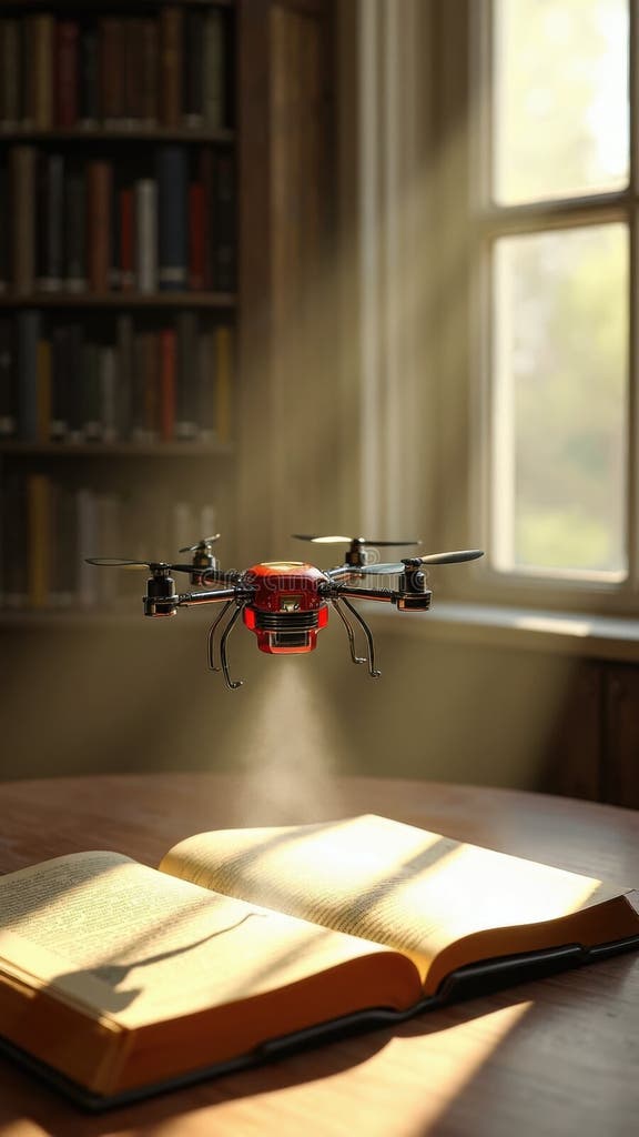 Red Drone is Hovering Over an Open Book Stock Image - Image of remote ...