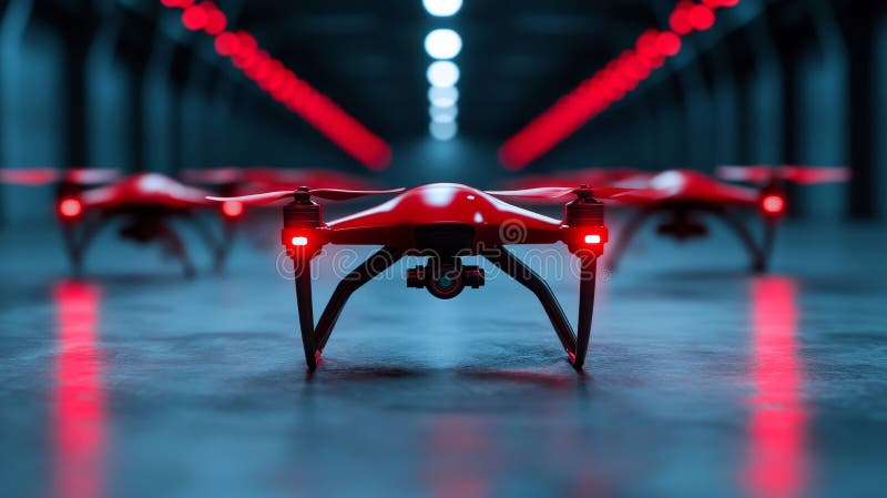 Red Drones in Tunnel a Fleet of Red Drones Lines Up in a Dark Tunnel ...