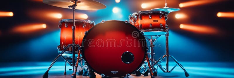 Red Drum Set on Stage Awaiting the Drummer Under Dramatic Blue and ...