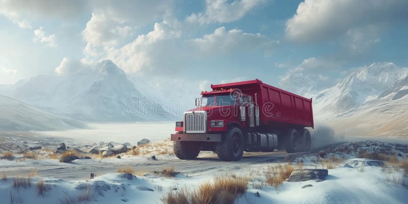 Red Dump Truck Driving through Snowy Mountain Landscape with Dramatic ...