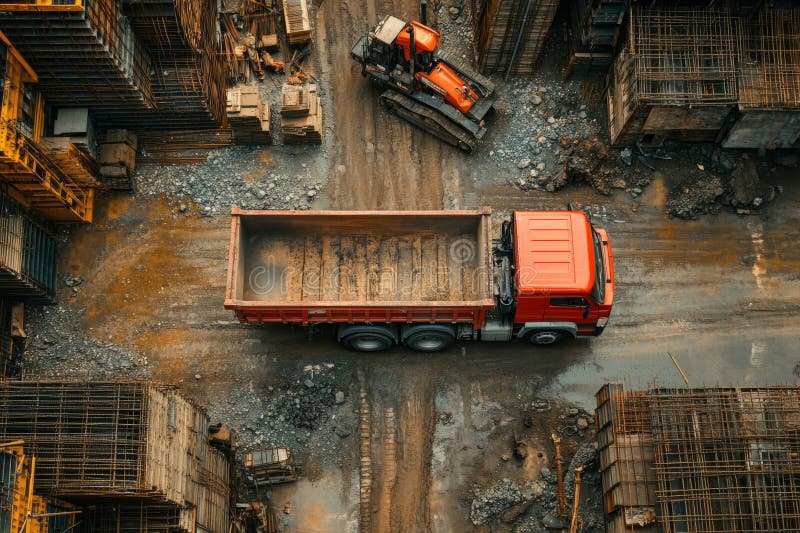 Red Dump Truck Moving Across Muddy Construction Site with Bulldozer and ...
