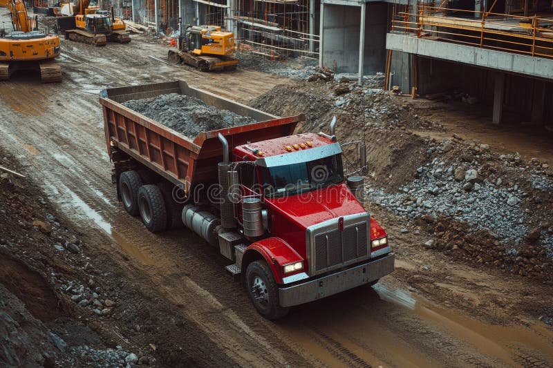 Red Dump Truck Transporting Earth on a Muddy Road at a Building Site ...