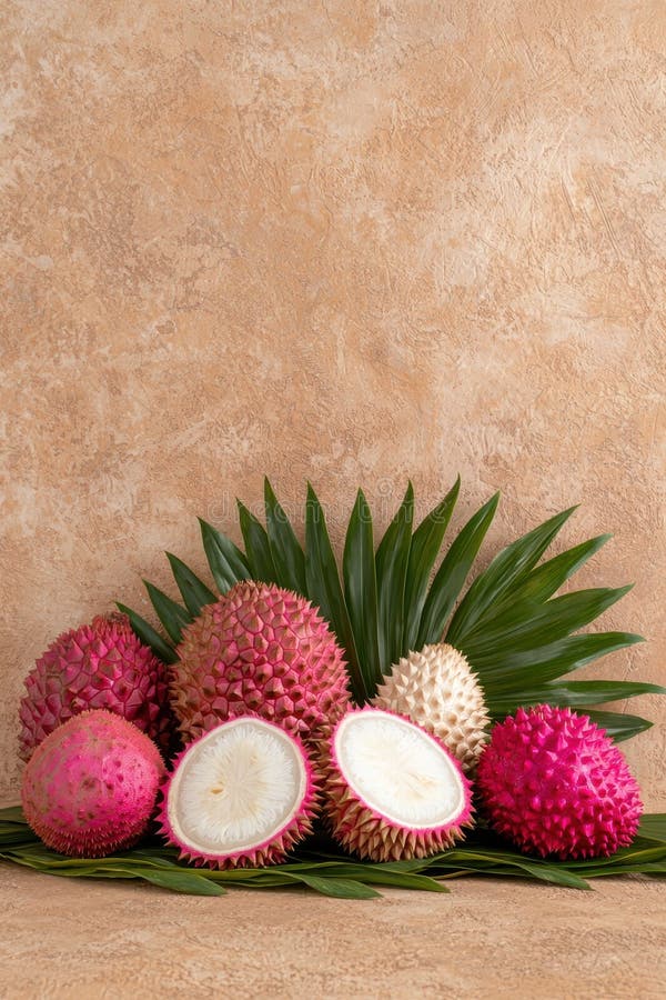 Red Durian Fruits with Palm Leaves on a Textured Background. Stock ...