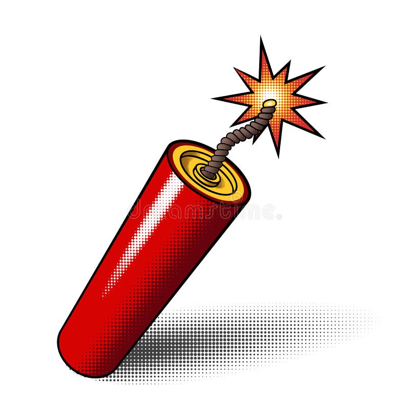 Red Dynamite Stick Icon with Burning Explosive Fuse and Halftones ...