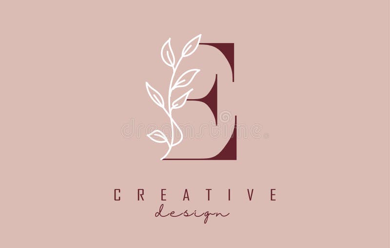Red E Letter Logo Design with White Leaves Branch Vector Illustration ...