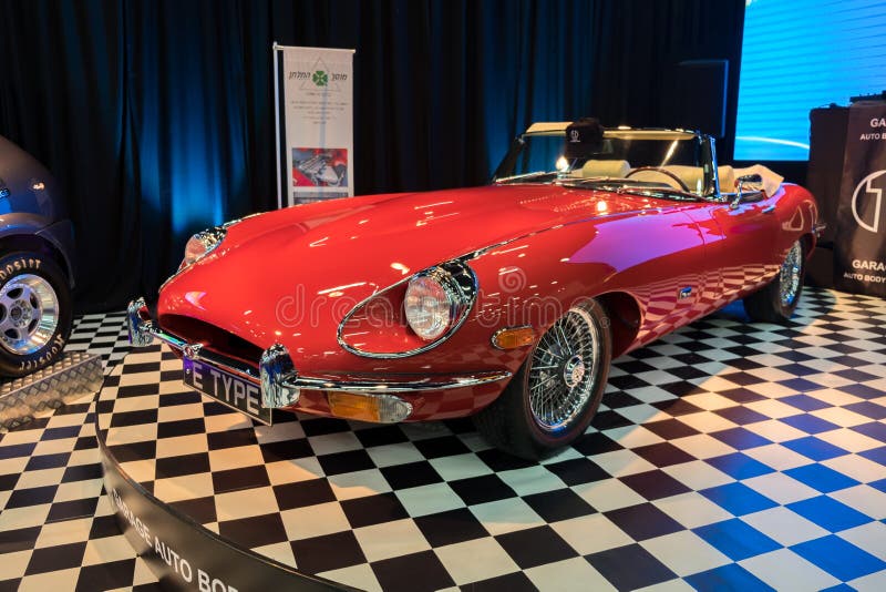 Red E-Type Jaguar Car Displayed in Tel-Aviv. Israel Editorial ...