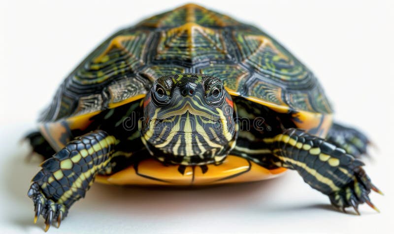Close-Up of a Red-Eared Slider Turtle in Front of a White Background ...