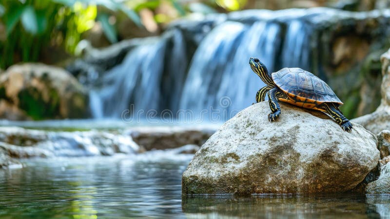 A Red-Eared Slider Turtle Resting on a Stone in a Beautiful Pond with a ...