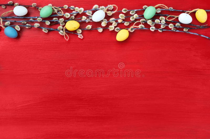 Red Easter Background. Willow Branch and Decorative Easter Eggs on Red ...