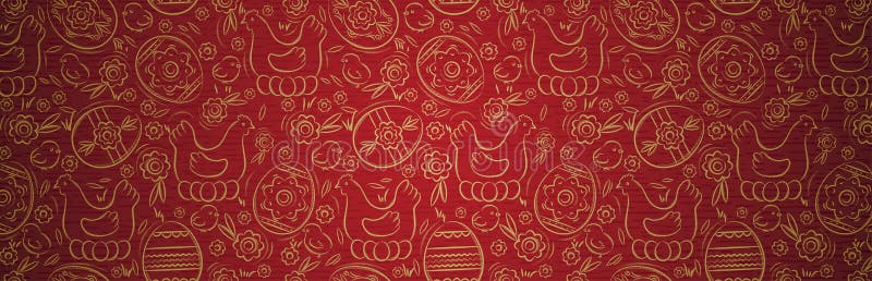 Red Easter Banner with Color Eggs with Flowers, Leafs, Hens and ...