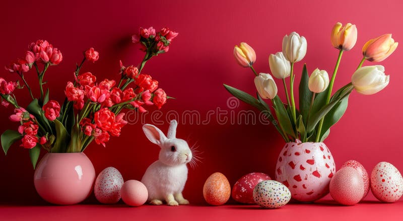 A Red Easter Banner Featuring an Easter Bunny, Decorated Eggs, and ...