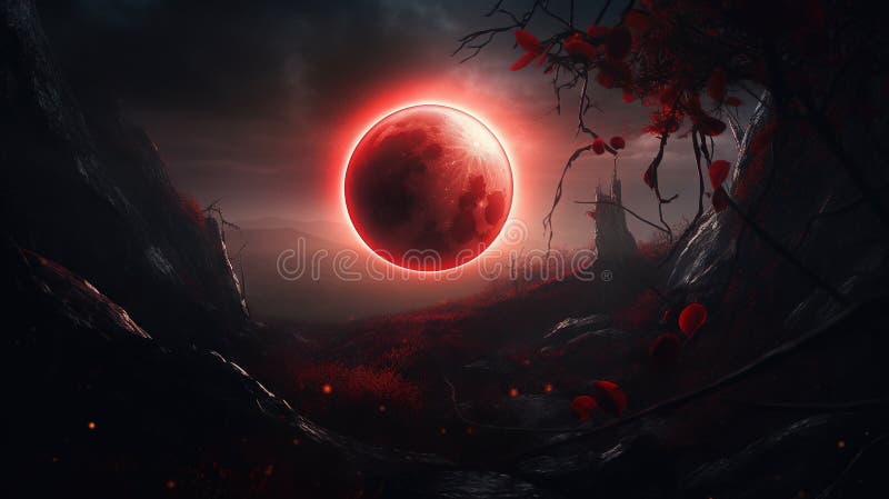 A Red Eclipse is Seen in the Sky Over a Forest Stock Illustration ...
