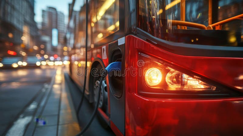 Red Electric Bus Charging at Night in City Stock Illustration ...