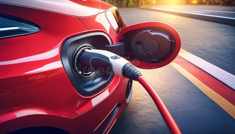 Red Electric Car Charging on a Sunny Road Stock Illustration ...