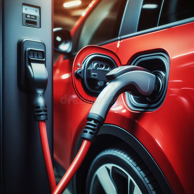 Red Electric Car Charging on a Sunny Road Stock Illustration ...